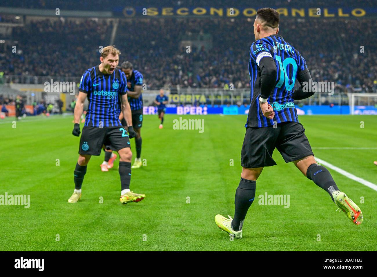 Nicolo`Barella (L) and Lautaro Martinez (R) of Inter, celebrate a goal during the Serie A 2025/ ...